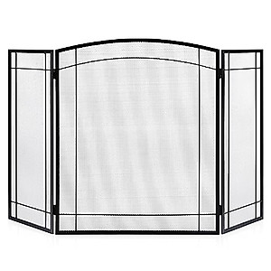 FEED GARDEN 3 Panel Fireplace Screen 48" W x 29" H Modern Foldable with Wrought Metal Decorative Mesh,Arch Heavy Duty Fire Spark Guard Cover for Home Decor Indoor, Black
