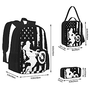 3 Piece Set Backpacks American Flag Motorcross Dirt Bike Book Bag Travel Camping Work School Bag Pencil Case Lunch Bag Combination For Men Women Boys Girls One Size