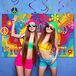 32 Pcs Tie Dye Groovy 60's Party Decorations Hippie Party Supplies Tablecloth Backdrop Include Foil Swirl Decorations Tie Dye Tablecloth and Peace Sign Hippie Backdrop Retro Party Birthday Decorations