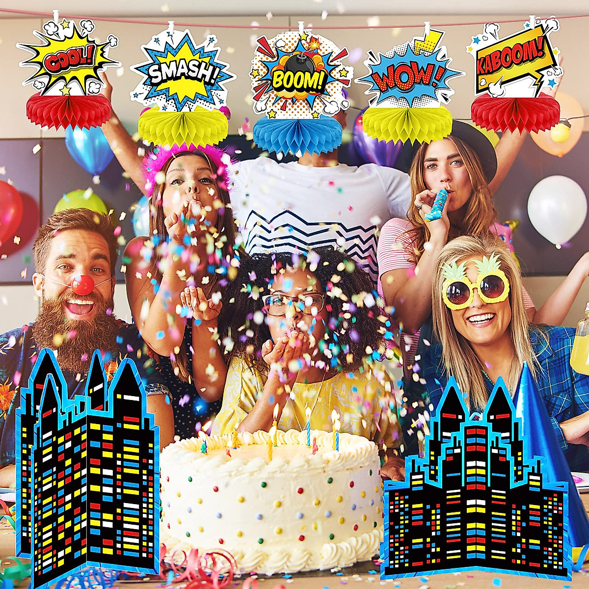 Set of 10 Hero Themed Party Decoration hero Honeycomb Centerpieces Hero Action Sign Table Centerpiece Fun Hero Theme Party Table Topper Decor for Happy Birthday Baby Shower Party Supplies Favor