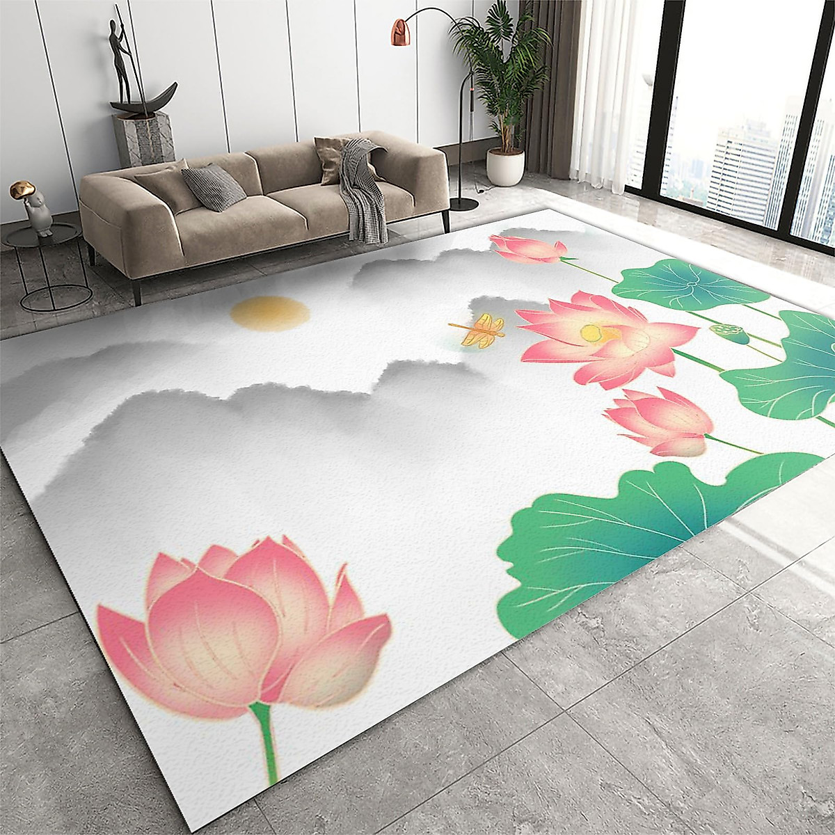 Lotus Lotus Leaf Rugs,Vintage Ink Painting Living Room Carpet Washable Flannel with Non-Slip Carpet Bedroom Dining Room Office Entrance2 x 6ft