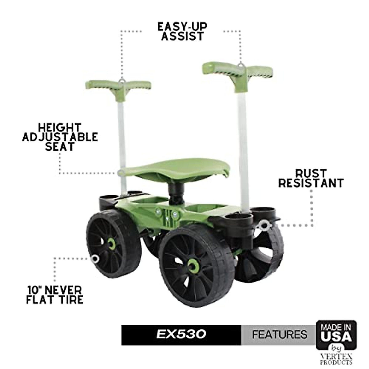 TheXceptional Wheelie Easy-Up | Wheeled Garden Stool with Handles Relieve Pain Getting Up and Down | Gardening Work-Seat with Wheels for Elderly Seniors Kneeler | Made in USA by Vertex | Model EX530