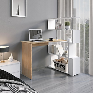 Mondeer 41.7" L Shaped Desk with 4-Tier Storage Shelves, Computer Corner Desk for Study Home Office Living Room (Oak and White)