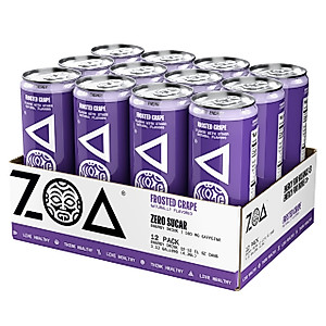 ZOA Zero Sugar Energy Drinks, Frosted Grape - Sugar Free with Electrolytes, Healthy Vitamin C, Amino Acids, Essential B-Vitamins, and Caffeine from Green Tea - 12 Fl Oz (12-Pack)