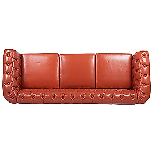 QHITTY Accent Large Sofa, Chesterfield Couch 3 Seater Modern Leather Couch Upholstered Sofa with Tufted Back for Living Room Furniture (Orange)