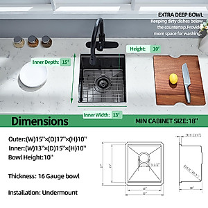 EcoChannels Undermount Kitchen Sink, 15 x 17 x 10 Inch Bar Sink 16 Gauge Gunmetal Black Stainless Steel Small Sink Kitchen Single Bowl Workstation Sink with Cutting Board