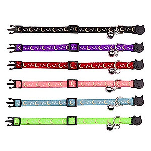 6 PCS Breakaway Cat Collars with Bell Golden Moon Glowing Star in The Dark for Kitten
