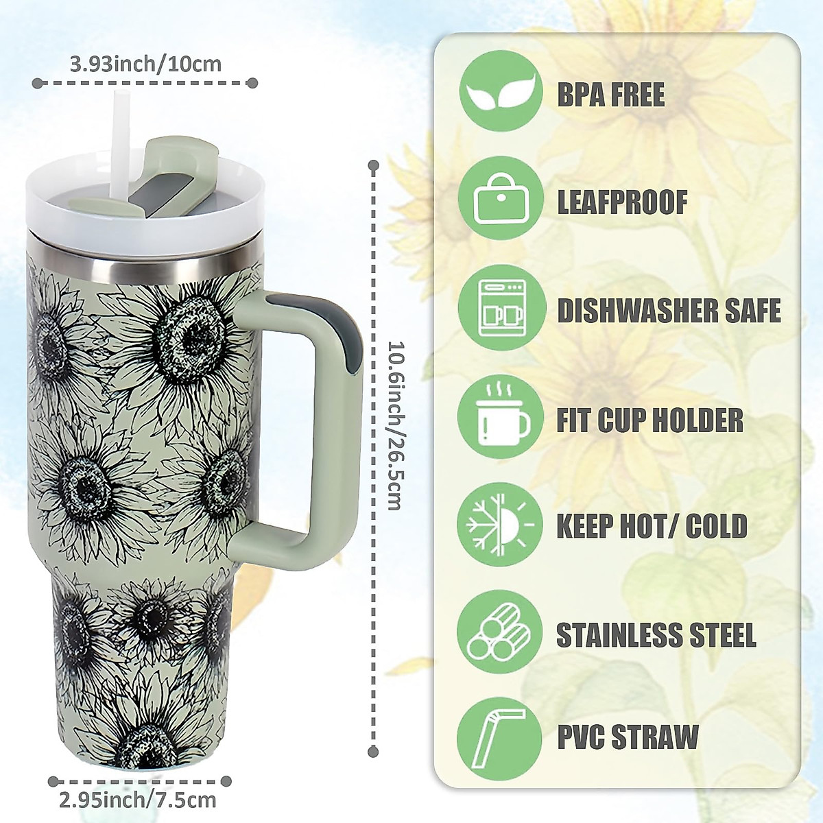 WEXINBF 40oz Tumbler With Handle And Straw Lid, Double Wall Vacuum Insulated Tumbler for Hot or Cold Drink, Stainless Steel Water Bottle Travel Mug, Large Iced Coffee Cup (Hot Pink Sunflower)