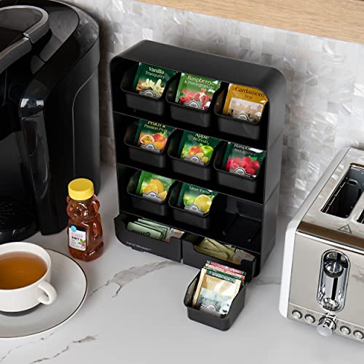 Mind Reader 9 Removable Drawers Tea Bag holder and Condiment Organizer, Black