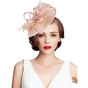 Z&X Wedding Fascinator Sinamay Headband Tea Party Hats for Women Flower Feather Derby Pillbox Hat Clips Peach Pink