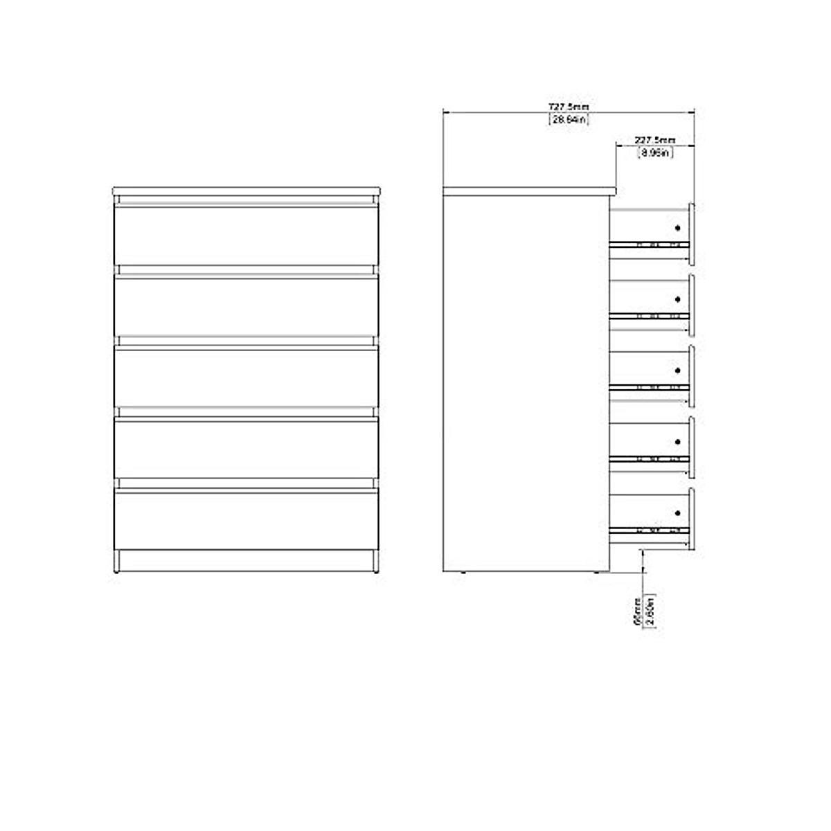 Tvilum, Handle-free, Contemporary, Bedroom Furniture, College Living 5 Drawer Chest, Black