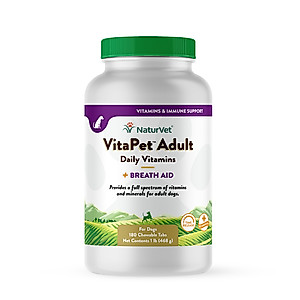 NaturVet - VitaPet Adult Daily Vitamins for Dogs - Plus Breath Aid - Provides a Full Spectrum of Vitamins & Minerals - Enhanced with Omega-6 Fatty Acids (180 Time Release Chewable Tablet