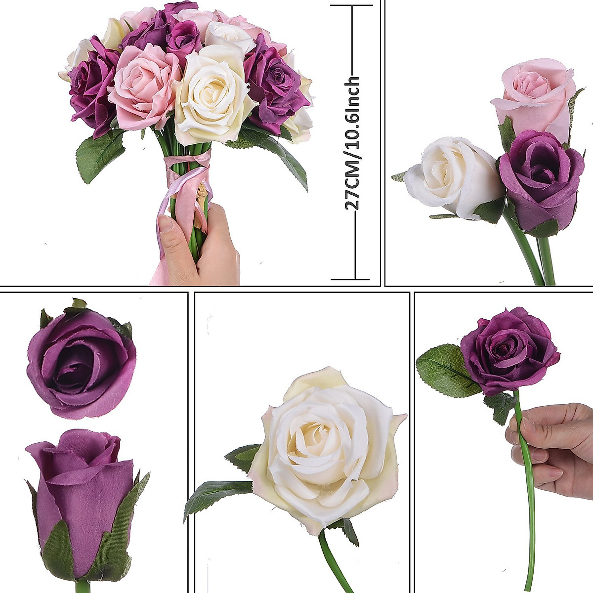 Artiflr Artificial Flowers Rose Bouquet 2 Pack Fake Flowers Silk Plastic Artificial White Roses 18 Heads Bridal Wedding Bouquet for Home Garden Party Wedding Decoration