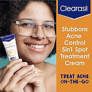 Clearasil Stubborn Acne Control 5in1 Spot Treatment Cream, Maximum Strength, Benzoyl Peroxide Acne Medication, Fights Blocked Pores, Pimple Size, Excess Oil, Acne Marks & Blackheads, 1 oz (Pack of 4)