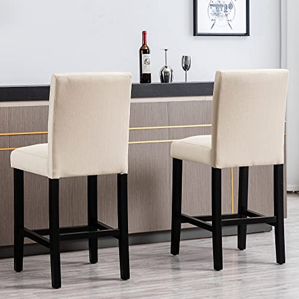 GOTMINSI Classic 24 Inches Counter Height Stools Upholstered Bar Stools with Solid Wood Legs Set of 2(Fabric Beige)