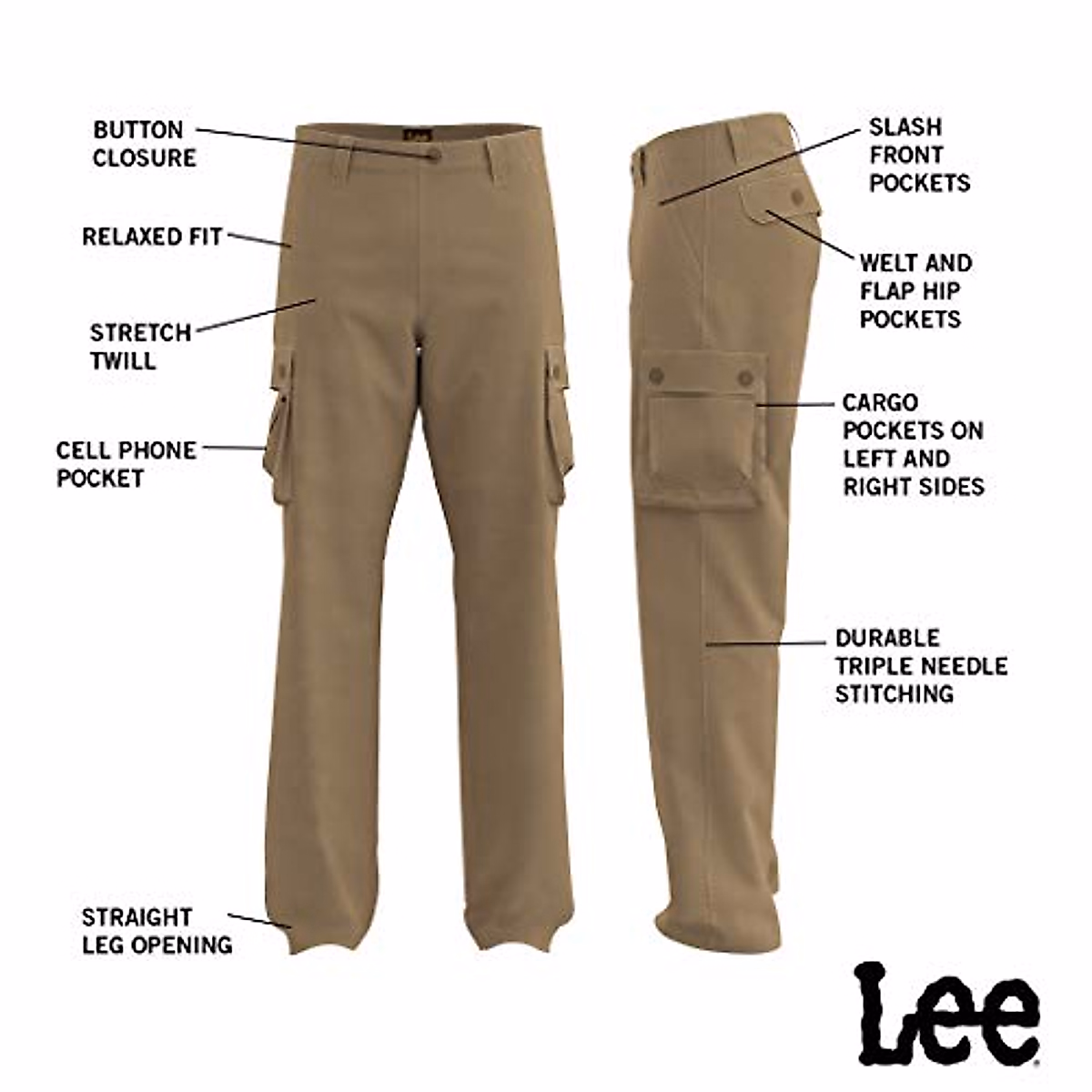 Lee Men's Wyoming Relaxed Fit Cargo Pant, Bourbon, 42W x 30L