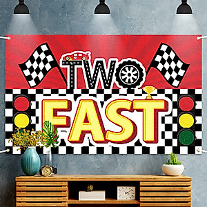 LASKYER Racing Car Two Fast Large Banner - Cheers to 2nd Birthday Home Wall Photoprop Backdrop,2nd Birthday Party Decorations.