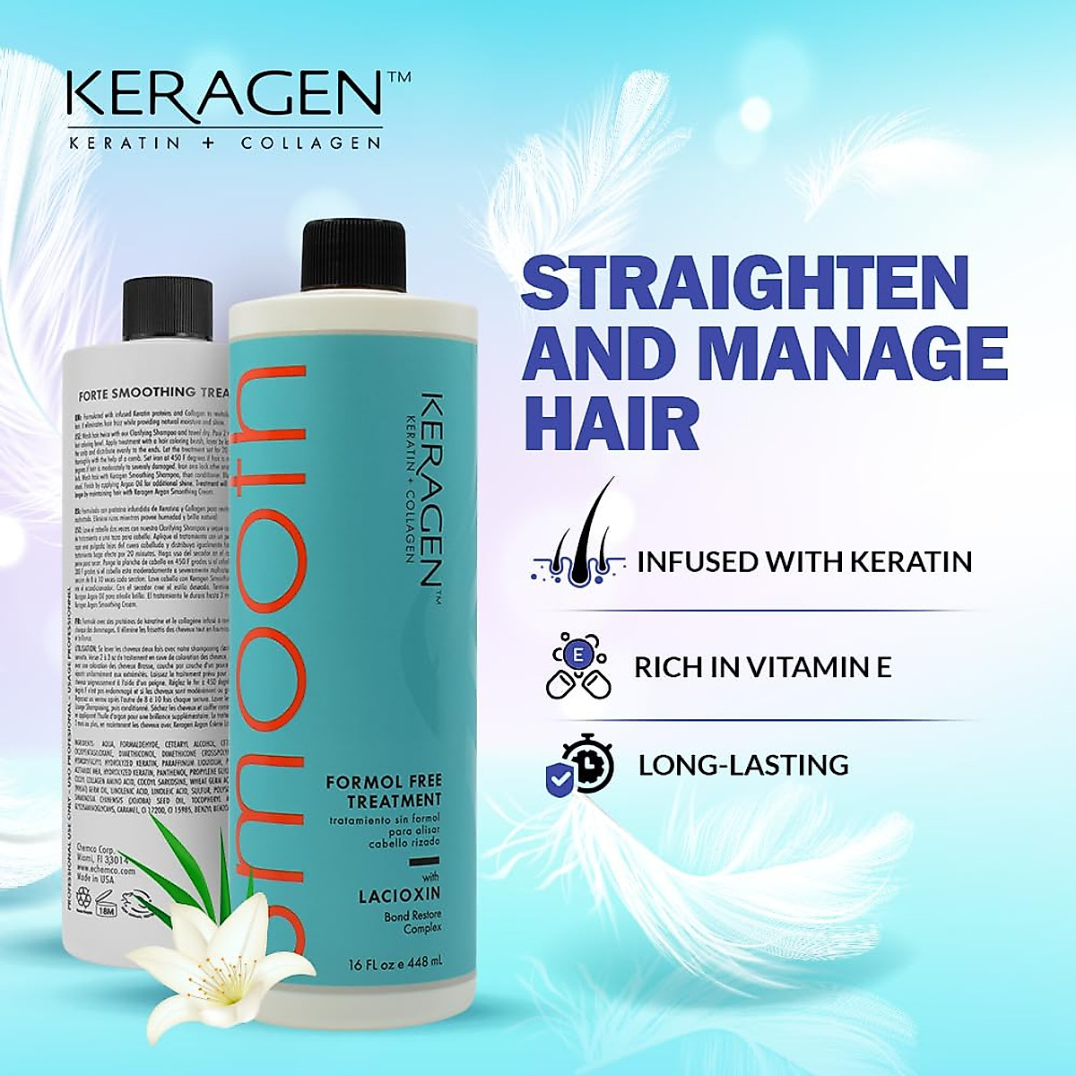 KERAGEN - Brazilian Keratin Smoothing Treatment, Blowout Straightening System for Dry and Damaged Hair, Formaldehyde Free, 16 Oz - Eliminate Curls and Frizz, Fine to Medium Hair
