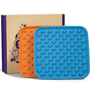 LE TAUCI PET Cat Slow Feeder, 5.5 Inch Lick Mat for Cats and Puppy,Anxiety Relief Licking Mat, Puzzle Feeder for Peanut Butter, Treats, Pet Enrichment Toys, Set of 2, Blue and Orange