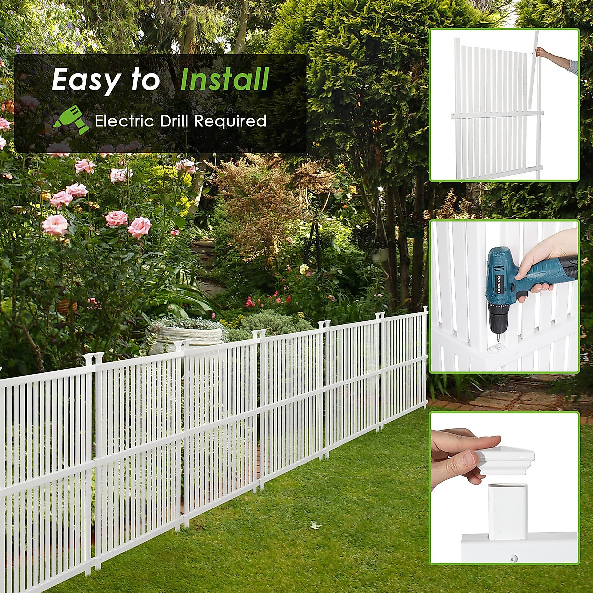 Kshioe Vinyl Fence Panels 2 Pack Outdoor Picket Privacy Screen Fence, 2PCS White PVC Fence Panel, 48" H X 36" W (White)