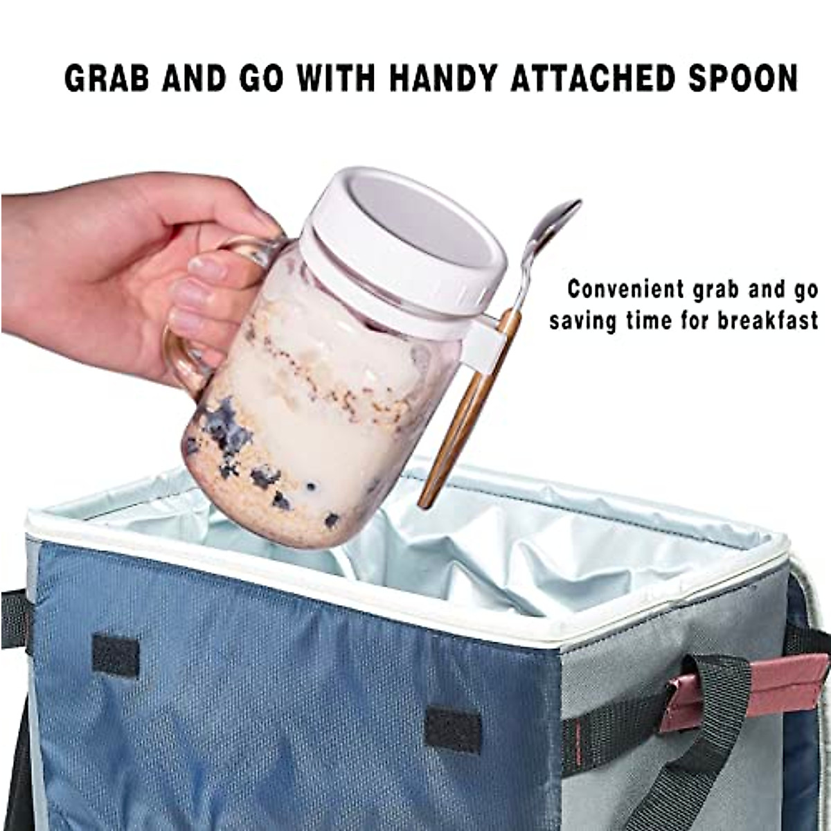 Overnight Oats Containers with Lids 16 oz 2 Pack Glass Mason Jars with Handle and Airtight Silicone Gaskets, Portable Oatmeal Container to Go for Yogurt, Milk, Cereal, Fruit, Salad, Meal Prep-Reusable