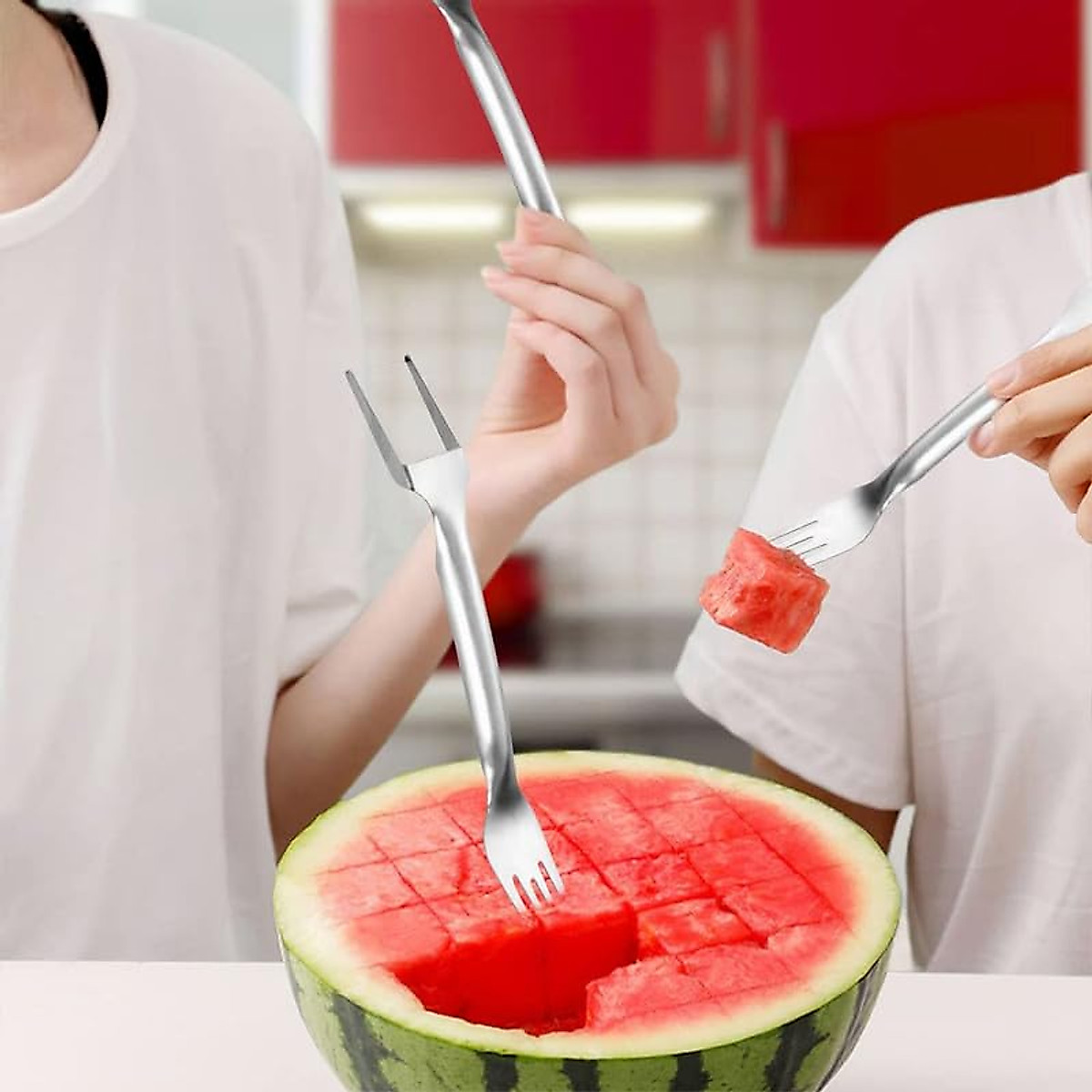 2-in-1 Stainless Steel Fruit Cutter, 2024 New Upgrade Watermelon Fork Slicer Cutter Slicer Tool, Dual Head Fruit Forks Slicer Knife,Summer Watermelon Fruit Cutting Fork for Home Camping (2Pcs)