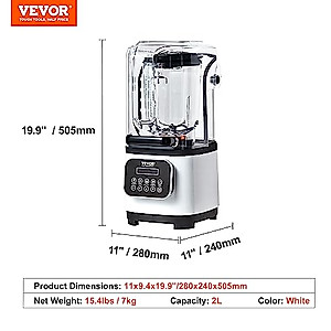 VEVOR Professional Blender with Shield, Commercial Countertop Blenders, 68 oz Jar Blender Combo, Stainless Steel 9 Speed & 5 Functions Blender, for Shakes, Smoothies, Peree, and Crush Ice, White