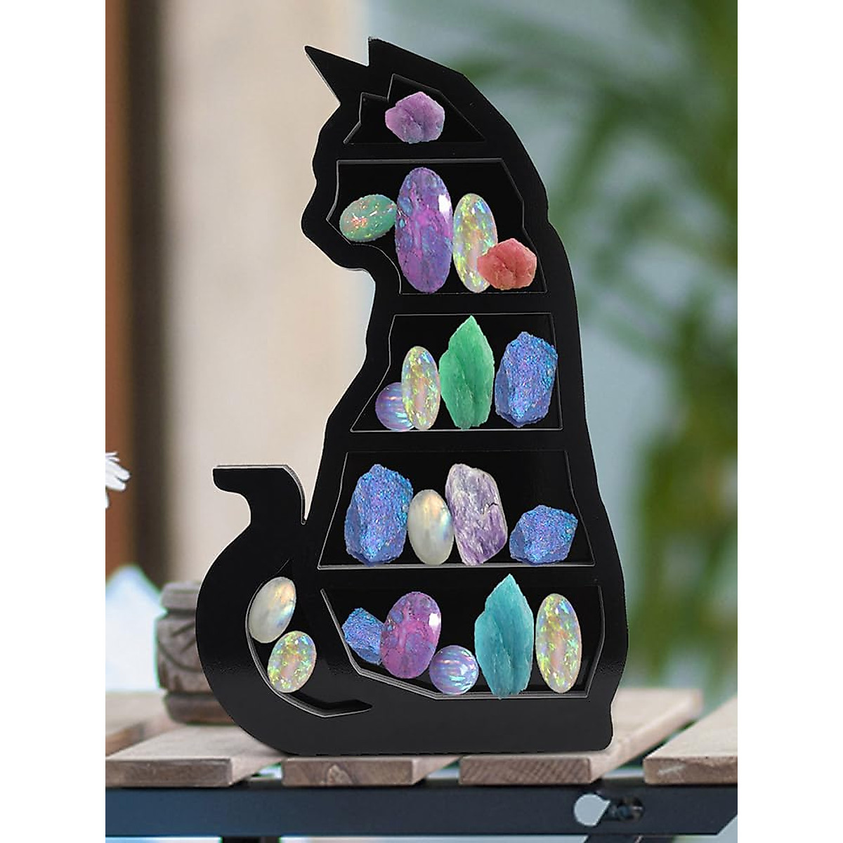 Cat Wooden Crystal Display Shelf, Cute Moon Phase Crystal Shelf, Wall Mounted Floating Shelves, Crescents Moon Phase Shelf for Crystals Stone, Essential Oil, Small Plant Art, Gothic Witchy Home(Cat)