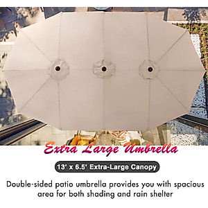 PHI VILLA 7 Piece Outdoor Dining Set with 13ft Double-Sided Large Umbrella for 6, Rectangle Metal Steel Dining Table & Textilene C-Spring Chairs Furniture Set for Patio (Beige)