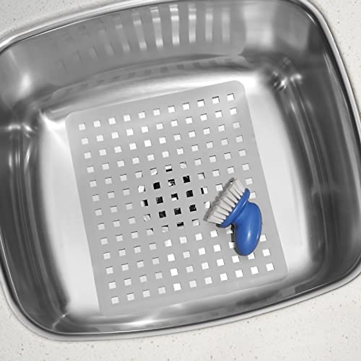 mDesign Kitchen Sink Protector Mat Pad Set, Quick Draining - Use In Sinks to Protect Surfaces and Dishes - 2 Piece Combo Set includes 1 Sink Saddle and 1 Sink Mat - Gray