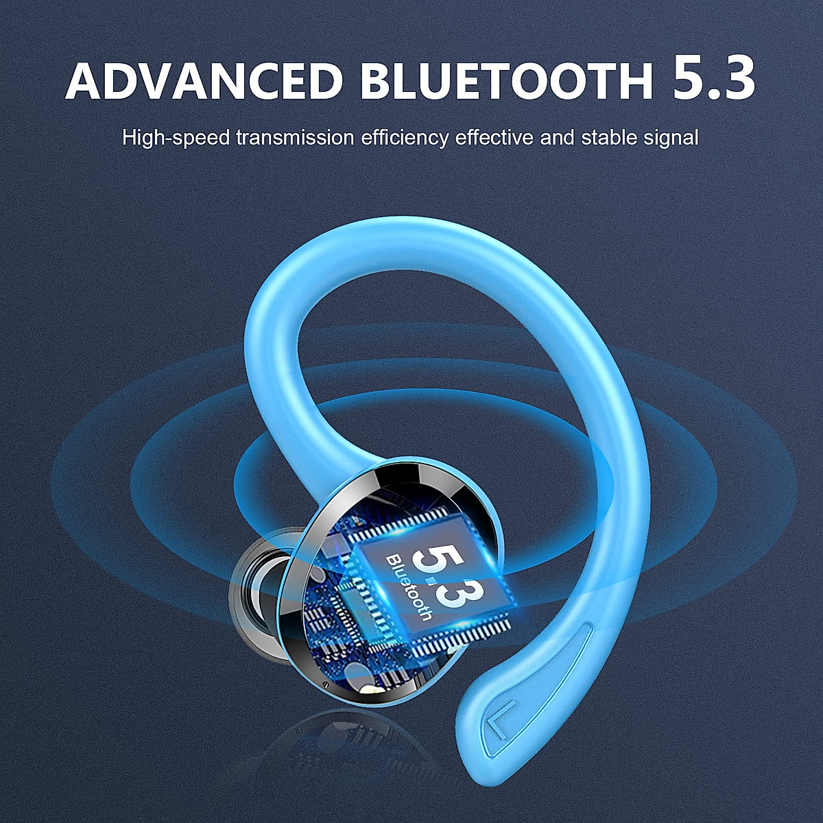 Wireless Earbud, Sport Bluetooth 5.1 Earbud with Earhooks Wireless Earphones in-Ear with Immersive Sound, Bluetooth Headphones IP7 Waterproof, Noise Cancelling, Dual LED Display, 48H Playtime, Blue