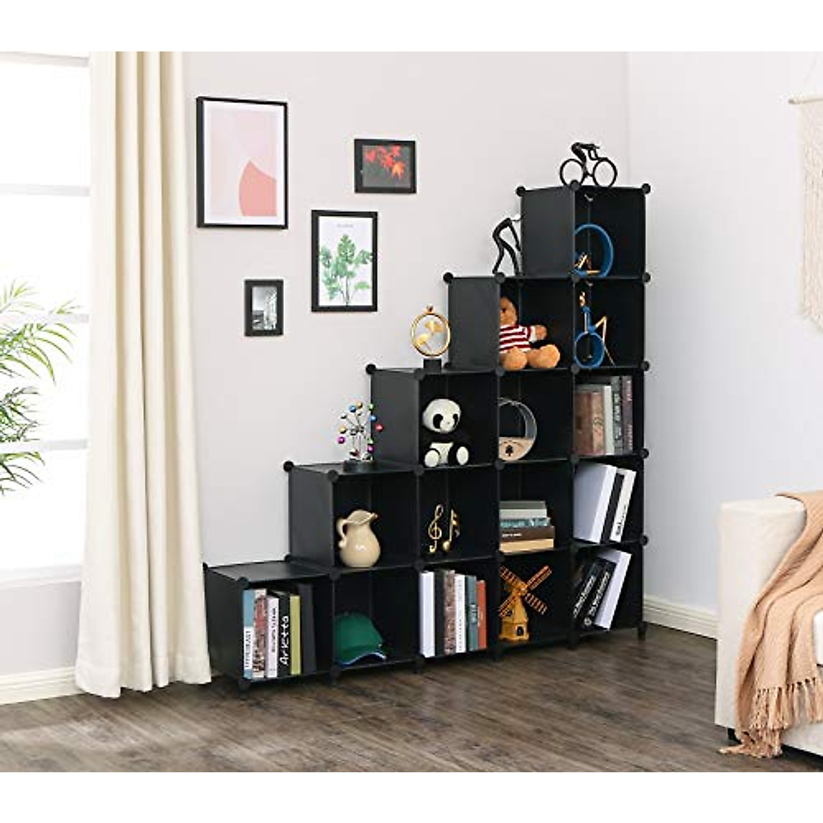ANWBROAD Cube Storage Organizer, 16-Cube Cubby Shelving Book Shelf Living Room, Closet Clothes Organizers, Kids Toys Craft Yarn Storage with Rubber Hammer for Bedroom Office Black ULCS016B