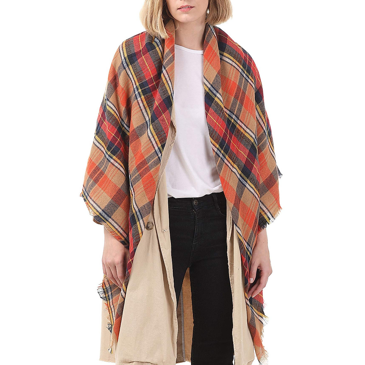 Trendy Women's Cozy Warm Winter Fall Blanket Scarf Stylish Soft Chunky Checked Giant Scarves Shawl Cape Orange