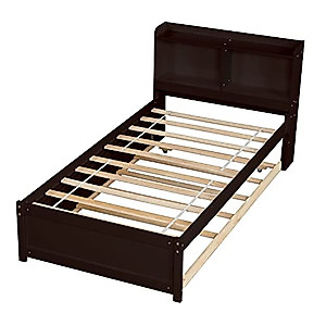 ERDAYE Twin Size Platform Bed Sets with Pull Out Trundle & Bookcase, Solid Wood Bedframe with Storage Shelves for Boys and Girls Bedroom Furniture Daybed, Space Saving Design, Espresso
