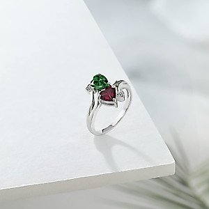 Gem Stone King 925 Sterling Silver Green Nano Emerald Red Rhodolite Garnet and White Diamond Ring For Women (1.45 Cttw, Heart Shape 6MM, Gemstone May Birthstone, Available In Size 5, 6, 7, 8, 9)