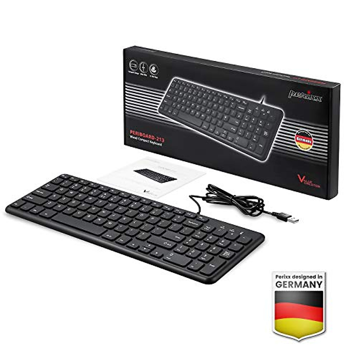 Perixx PERIBOARD-213U Wired Silent USB Scissor Keyboard - 14.45x4.76x0.70 Inches Compact Design with Number Pad - Black - US English (PB-213BUS-11738)