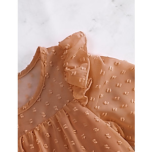 Glaoly Flower Girl Dress Summer A-Line Brown Ruffle Swiss Dot Mesh Flowy Chiffon Long Sleeve Princess Toddler Dress 5-6T