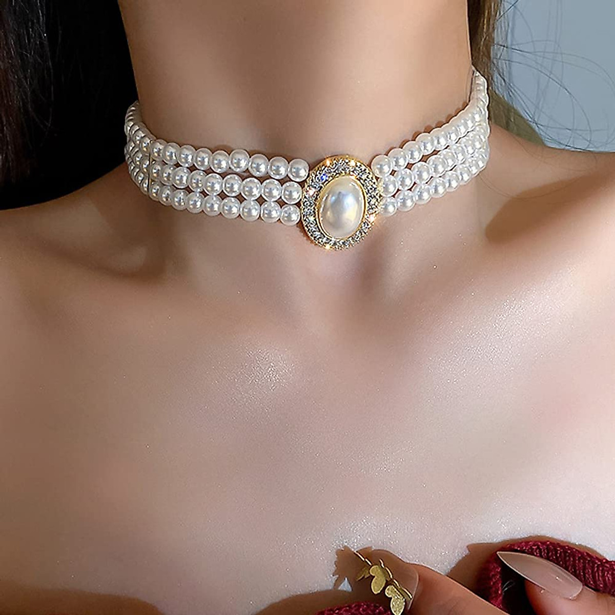 Octwine Boho 3 Tier Multilayer Dainty Rhinestones Pearls Chunky Short 1920s Choker Necklace