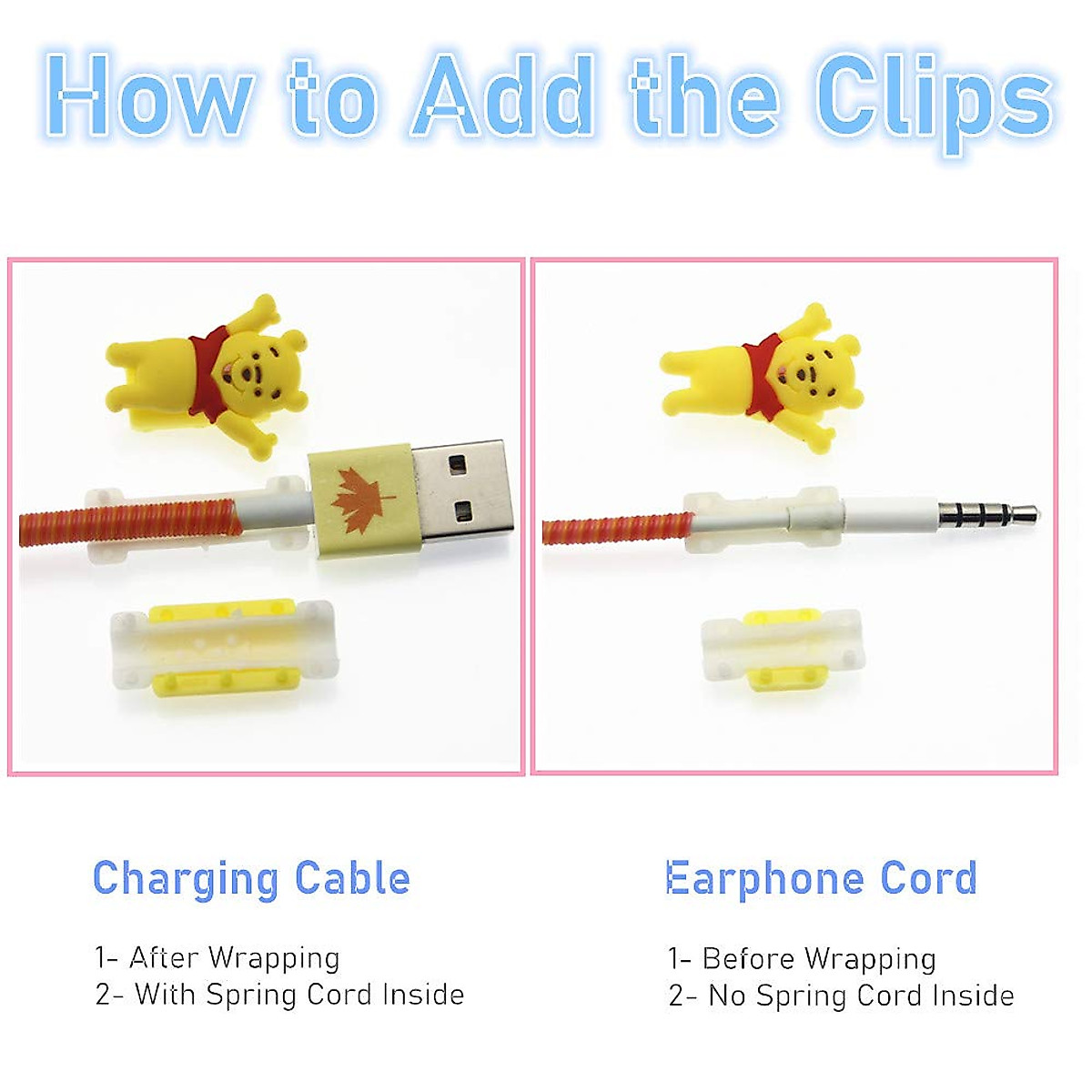 Tospania DIY Protector Data Cable USB Charger Line Earphone Wire Saver Organizer Compatible with iPhone 5S SE 6 6S 7 8 Plus X XS XR 12 iPad iPod iWatch (Yellow Winnie)