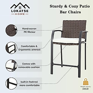 LOKATSE HOME 3 Piece Outdoor Patio Bar Stool Set with High Top Square Table Wicker Conversation Furniture, White