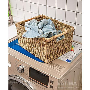 Large Wicker Storage Basket with Wooden Handles, Seagrass Baskets for Shelves, Natural Basket With Handle, Wicker Baskets for Storage 14.5 x 10.3 x 7.5 inches