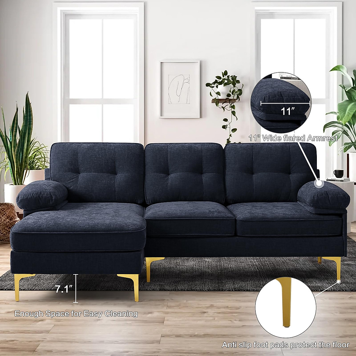 EASELAND 82" L-Shape Sofa with Reversible Chaise Lounge, Convertible Sectional Sofa Couch, Chenille Modern Sofa Couch for Living Room, Apartment and Office, Removable Cover (Dark Blue)