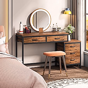 Tribesigns Computer Desk with 5 Drawers, Home Office Desks with Reversible Drawer Cabinet Printer Stand, Industrial PC Desk with Storage, Rustic Study Writing Table Workstation for Small Spaces