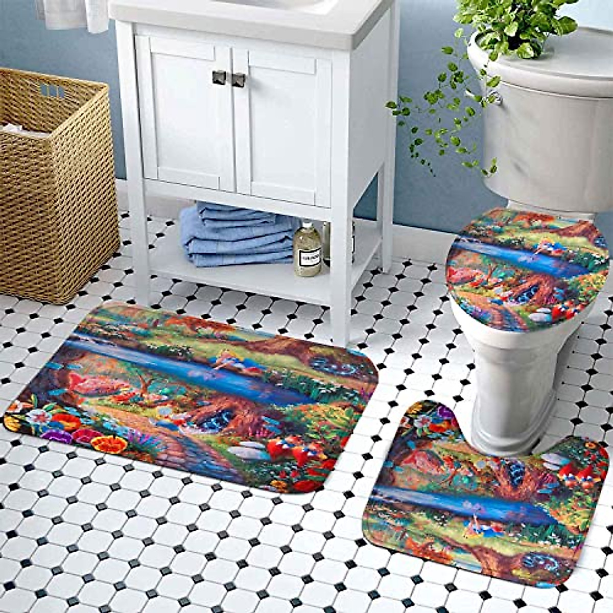 TERSUM Wonderland Shower Curtain Set, Alice Rabbit 4PCS Bathroom Sets with Shower Curtain and Bath Mat, Toilet Lid Cover and U Shaped Rugs,72"x72" Polyester Fabric Bathtub Curtain with Hooks, SETGXTE1