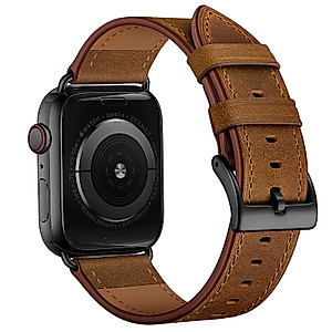 OUHENG Compatible with Apple Watch Band 49mm/46mm/45mm/44mm/42mm, Genuine Leather Band Strap Compatible with Apple Watch Ultra 2/1 Series 10/9/8/7/6/5/4/3/2/1/SE, Retro Brown/Black
