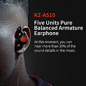 KZ AS10, LINSOUL 5BA HiFi Stereo in-Ear Earphone High Resolution Earbud Headphone 0.75mm 2 pin Cable, Five Balanced Armature Drivers, Noise Cancelling (Without Mic, Black)