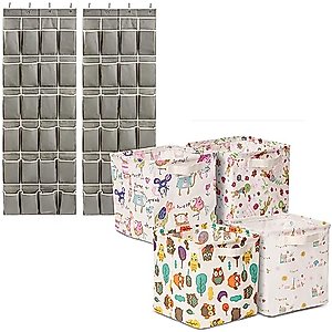 EZOWare Bundle Kit 4 Pcs Foldable Storage Bin Cubes + 2 Pcs 24 Large Pockets Over The Door Hanging Organizer for Bathroom Toys Nursery Kids Toddlers Home