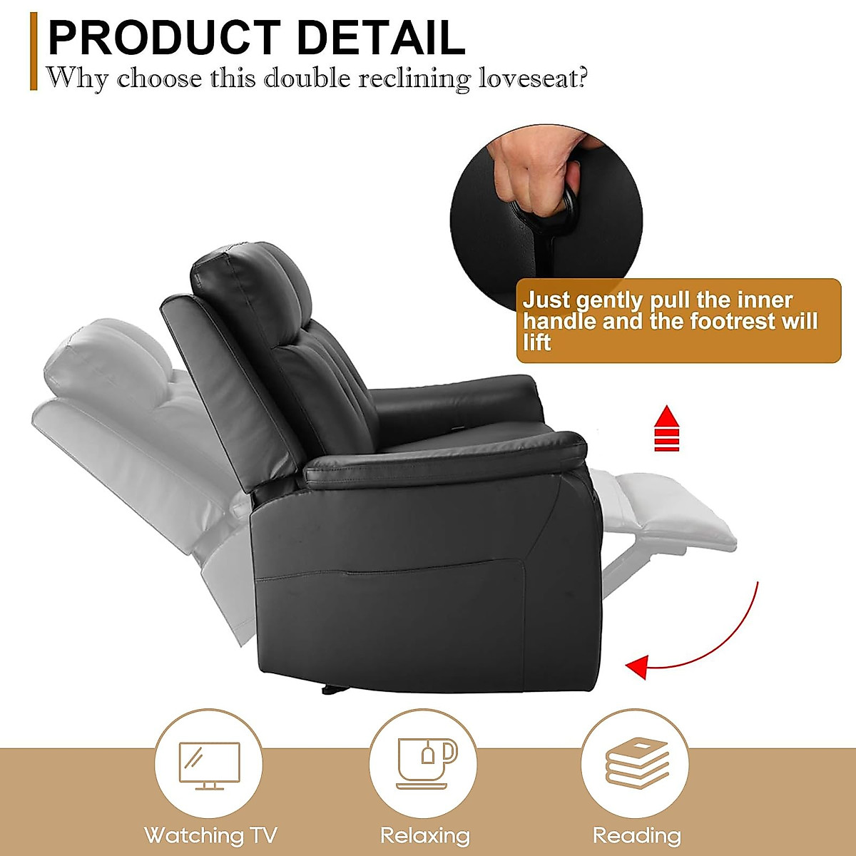 VUYUYU 2 Seater Recliner Sofa - Double Reclining Loveseat with Massage & Heating - PU Leather Home Theater Seating Manual Recliner Motion Living Room Chair (Black)