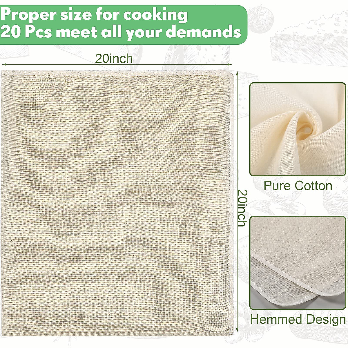 Chumia 20 Pcs 20x20 Inch Cheese Cloths for Straining Grade 100 Cheesecloth Reusable Muslin Cloth for Straining Unbleached Cotton Cheese Cloth Bulk for Baking, Juicing, Cheese Making