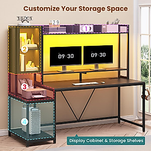 SEDETA Gaming Desk, 60'' Gaming Desk with Hutch and LED Lights, Computer Desk with Storage Shelves, Large PC Gamer Desk with Display Cabinet, Monitor Stand, Power Outlet for Home Office, Black